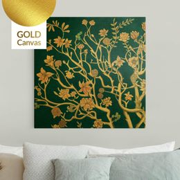Leinwandbild Gold Chinoiserie Blumen in der Nacht I - Wandbilder XXL Print Blumen Floral Kunstdruck Wohnzimmer Schlafzimmer Bad Badezimmer K&uuml;che Flur