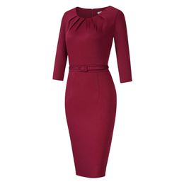 KoJooin Dress 'Damen Kleider Elegante Bleistiftkleider 3/4 &Auml;rmeln Kurze Faltenkleider' female size 38 Wine red