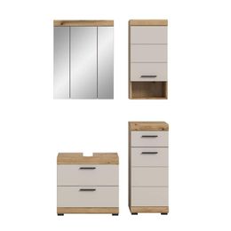Pharao24.de Badm&ouml;bel Set Spiegelschrank Zweifarbig Modernes Design Eichenoptik und Beige