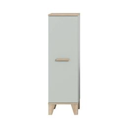 Pharao24.de Beistellschrank Bad Badezimmerhochschrank Salbeigr&uuml;n Mit Holzdetails auf Auf Holzf&uuml;&szlig;en stehend