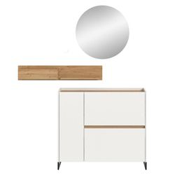 Pharao24.de Dielenset Garderobe Wei&szlig; und Holzoptik Runder Wandspiegel