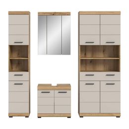 Pharao24.de Badm&ouml;belkomplettset Badezimmerschrank Set Eichenholzoptik mit hellen Fronten mit Mit Spiegelschrank und viel Stauraum