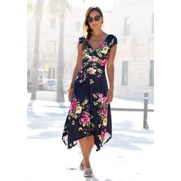 BEACHTIME BY LASCANA Jerseykleid 'mit asymmetrischem Zipfelsaum und Schleife in der Taille, elegant' mehrfarbig Gr. 44 f&uuml;r Damen. V-Ausschnitt und 