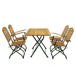 DEGAMO Kurgarten - Garnitur BAD T&Ouml;LZ 5-teilig (2x Stuhl, 2x Armlehnensessel, 1x Tisch 70x110cm), Flachstahl gr&uuml;n + Robinie, klappbar