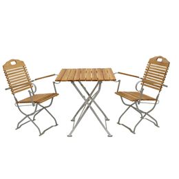 DEGAMO Kurgarten - Garnitur BAD T&Ouml;LZ 3-teilig (2x Armlehnensessel, 1x Tisch 70x70cm), Flachstahl verzinkt + Robinie, klappbar
