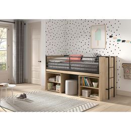 Vipack SAM halbhohes Bett mit ausziehbarem Schreibtisch, 2 Regalen, Liegefl&auml;che 90 x 200 cm, Ausf. Eiche Melamin Dekor