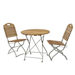 DEGAMO Kurgarten - Garnitur BAD T&Ouml;LZ 3-teilig (2x Stuhl, 1x Tisch 77cm rund), Flachstahl verzinkt + Robinie, klappbar