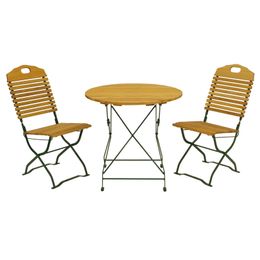 DEGAMO Kurgarten - Garnitur BAD T&Ouml;LZ 3-teilig (2x Stuhl, 1x Tisch 77cm rund), Flachstahl gr&uuml;n + Robinie, klappbar
