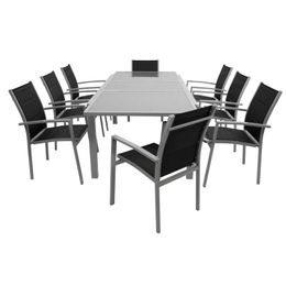 DEGAMO Garnitur PISA 9-teilig, Aluminium silbergrau + Glas + Kunstgewebe schwarz