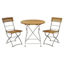 DEGAMO Biergarten - Garnitur M&Uuml;NCHEN 3-teilig (2x Stuhl, 1x Tisch 77cm rund), Flachstahl verzinkt + Robinie