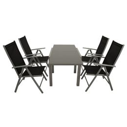 DEGAMO Garnitur MARINA 5-teilig, Aluminium silbergrau + Glas + Kunstgewebe schwarz
