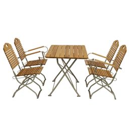DEGAMO Kurgarten - Garnitur BAD T&Ouml;LZ 5-teilig (2x Stuhl, 2x Armlehnensessel, 1x Tisch 70x110cm), Flachstahl verzinkt + Robinie, klappbar