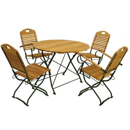 DEGAMO Kurgarten - Garnitur BAD T&Ouml;LZ 5-teilig (2x Stuhl, 2x Armlehnensessel, 1x Tisch 100cm rund), Flachstahl gr&uuml;n + Robinie, klappbar
