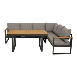 DEGAMO Funktions Eckbank Set KAMPALA 2-teilig, Aluminium anthrazit + Akazie, Polster grau