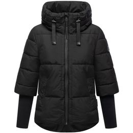 Navahoo Damen Winter Steppjacke gesteppt Winterjacke mit Kragen, Kapuze, gef&uuml;ttert, langen Rippb&uuml;ndchen Lotusherz