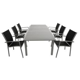 DEGAMO Garnitur PISA 7-teilig, Aluminium silbergrau + Glas + Kunstgewebe schwarz