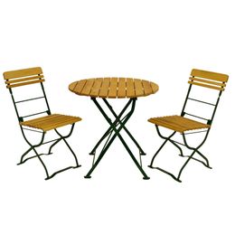 DEGAMO Biergarten - Garnitur M&Uuml;NCHEN 3-teilig (2x Stuhl, 1x Tisch 77cm rund), Flachstahl gr&uuml;n + Robinie