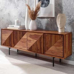 FineBuy Massive TV-Board Kommode 140cm Sheesham Massivholz 3 T&uuml;ren Fernsehschrank Lowboard