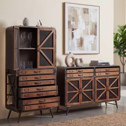 Wohnzimmer-Set MCW-F91, Sideboard Kommode Highboard Hochschrank, Industrial Tanne Holz Metall, braun-schwarz
