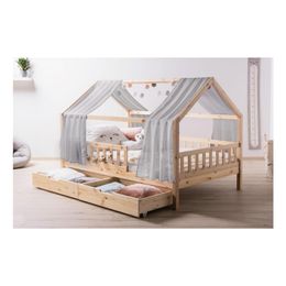 Ticaa Ticaa Kinderbett Hausbett mit T&uuml;ll Kim 90x200 cm, 100x200 cm, 120x200 cm, 140x200 cm f&uuml;r Jungen & M&auml;dchen, inkl. Rolllattenrost, Schubkasten und Rausfallschutz variabel, Montessori Bett Natur aus Kiefer Massivholz