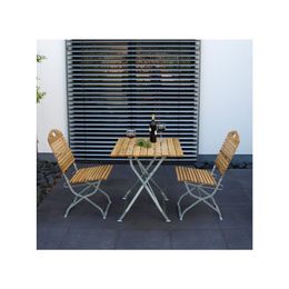 DEGAMO Kurgarten - Garnitur BAD T&Ouml;LZ 3-teilig (2x Stuhl, 1x Tisch 70x70cm), Flachstahl verzinkt + Robinie, klappbar