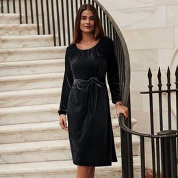 LANDS' END Samtkleid mit Bindeg&uuml;rtel f&uuml;r Damen, Damen, size: regular, Schwarz, Polyester-Mischung, by Lands' End