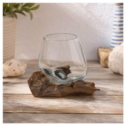 HTI-Living Mundgeblasene Glasvase auf Kaffeewurzel 10 cm Dekovase aus Glas und Holz