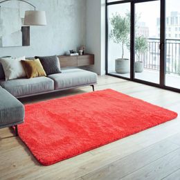 Teppich MCW-F69, Shaggy L&auml;ufer Hochflor Langflor, Stoff/Textil flauschig weich 160x120cm ~ rot