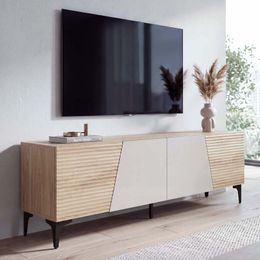 TV-Rack MCW-Q83, Lowboard TV-Schrank T&uuml;ren 3D-Struktur Stauf&auml;cher MDF Melamin 55x160x42cm ~ Eiche-Optik