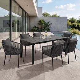 Gartengarnitur MCW-N41, Tisch+6xStuhl, wetterfest Alu 180x80cm, Seilgeflecht Rope ~ anthrazit, Kissen dunkelgrau