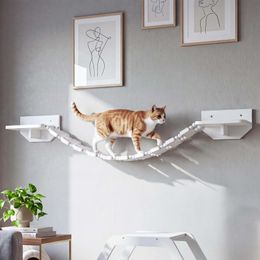 Kletterbr&uuml;cke MCW-Q56, Katzenleiter Katzentreppe H&auml;ngebr&uuml;cke Katzenbr&uuml;cke Plattform, Holz MVG 15x130x19cm ~ wei&szlig;