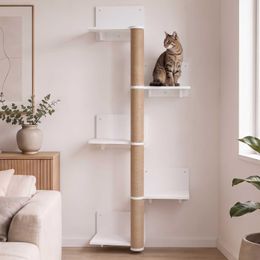 Kletterwand MCW-Q58, Katzenwand Kletterbaum Wandkratzbaum Kletterregal Plattform 5 Stufen, Holz MVG 147x62x27cm ~ wei&szlig;