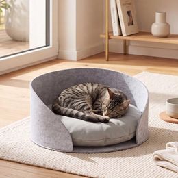 Tierbett MCW-Q61 f&uuml;r Hunde/Katzen, rund mit Kissen, Schlafkorb, Haustierliege, Filz &Oslash;39cm ~ grau