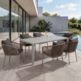 Gartengarnitur MCW-N41, Tisch+6xStuhl, wetterfest Alu 180x80cm, Seilgeflecht Rope ~ grau, Kissen dunkelgrau