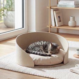 Tierbett MCW-Q61 f&uuml;r Hunde/Katzen, rund mit Kissen, Schlafkorb, Haustierliege, Filz &Oslash;39cm ~ beige
