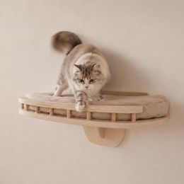 Kletterwand MCW-Q55, Katzenplattform Liegeplatz Katzenm&ouml;bel Katzenbett, Holz MVG 20x44x28cm ~ natur, Kissen beige