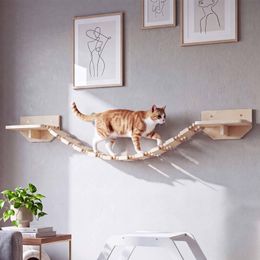 Kletterbr&uuml;cke MCW-Q56, Katzenleiter Katzentreppe H&auml;ngebr&uuml;cke Katzenbr&uuml;cke Plattform, Holz MVG 15x130x19cm ~ natur