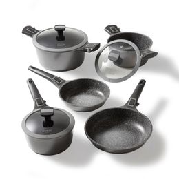 Stoneline SMART Topf und Pfannenset, 8-teilig, mit Deckel und abnehmbarem Griff, Induktion, Aluguss, Pfanne mit echten Steinpartikeln beschichtet, grau