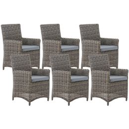 CLP Gartenstuhl 6er Set Fontana, Polyrattan Gartenst&uuml;hle, Hochlehner mit Sitzkissen, Wetterfeste Garten-Sessel mit Armlehnen, Outdoor Stuhlset