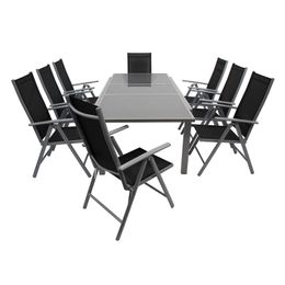 DEGAMO Garnitur PISA 9-teilig, Aluminium silbergrau + Glas + Kunstgewebe schwarz