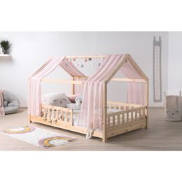 Ticaa Ticaa Kinderbett Hausbett mit T&uuml;ll Kim 90x200 cm, 100x200 cm, 120x200 cm, 140x200 f&uuml;r Jungen & M&auml;dchen, inkl. Rolllattenrost, Rausfallschutz variabel, Montessori Bett Natur aus Kiefer Massivholz