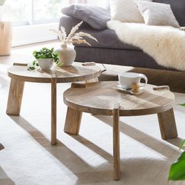 FineBuy Couchtisch Set 2er Massivholz rund Wohnzimmertisch Beistelltisch Satztische
