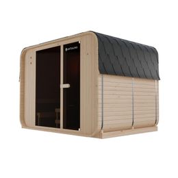 Artsauna&reg; Cube Fasssauna Fjora XXL Natur - Panorama-Sicherheitsglas Front, komfortable Bank mit Trittstufen, 9 kW Ofen, Outdoor Sauna Komplettset f&uuml;r 6 Personen