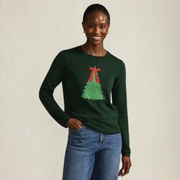 LANDS' END Feinstrick-Weihnachtspullover Schleife f&uuml;r Damen, Damen, size: regular, Gr&uuml;n, Baumwolle/Polyester/Metall, by Lands' End