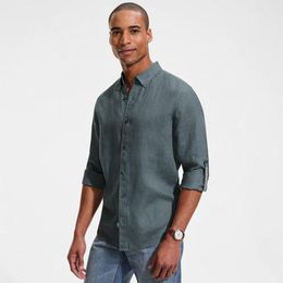 LANDS' END Hemd aus reinem Leinen mit Roll&auml;rmeln f&uuml;r Herren, Herren, size: regular, Gr&uuml;n, Leinen, by Lands' End
