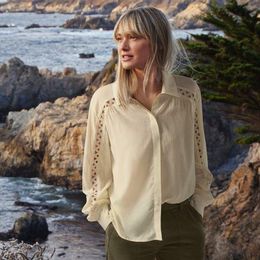 LANDS' END Geraffte Bluse aus Voile mit Spitzeneins&auml;tzen f&uuml;r Damen, Damen, size: regular, Beige, Baumwoll-Mischung/Viskose-Mischung, by Lands' End