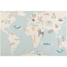 Lindorug Kinderteppich Living Zoonia, Creme, Mehrfarbig, Pastellblau, Textil, Weltkarte, rechteckig, 120x180 cm, Oeko-Tex&reg; Standard 100, f&uuml;r Fu&szlig;bodenheizung geeignet, rutschfest, in verschiedenen Gr&ouml;&szlig;en erh&auml;ltlich, wasserabweisend, schmutzabweisend, Hausstauballergiker feuchtraumgeeignet, stuhlrollengeeignet, waschbar, pflegeleicht, strapazierf&auml;hig, rei&szlig;fest, rutschfeste Unterfl&auml;che, vegan, Teppic