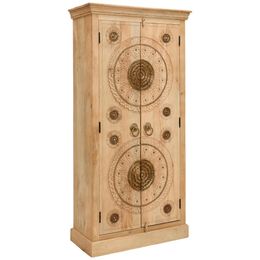 Milino Mehrzweckschrank, Natur, Messing, Holz, Metall, Mangoholz, vollmassiv, Mandala, 3 F&auml;cher, 89x180x40 cm, Waschk&uuml;che, Mehrzweckschr&auml;nke