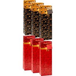 TSI Weihnachts-Flaschentaschen Set Serie 9, 6-teilig, 3 x Motiv &bdquo;schwarz/gold mit Schleife&ldquo;/3 x Motiv &bdquo;rot/gold mit Schleife&ldquo;, Beschriftungsk&auml;rtchen, PP-Folie
