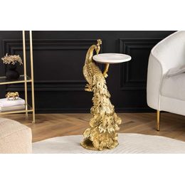 Riess Ambiente Runder Beistelltisch WILDLIFE PEACOCK 75cm gold antik wei&szlig; Metall Marmor Pfauen-Skulptur Riess-Ambiente Glamour Modern Natur Vintage